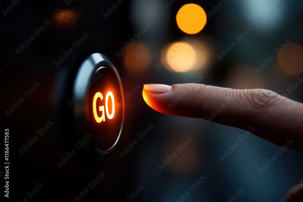 Finger Pressing Go Button Orange Light Modern Interface Action Start ...