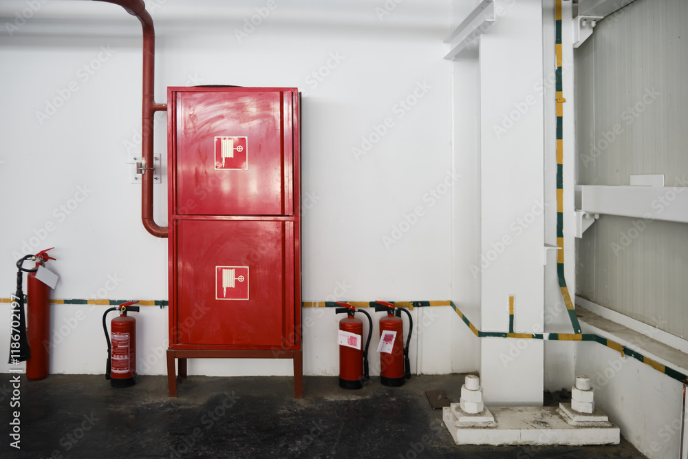 Poster Red fire hose reel cabinets and fire extinguishers inside of ...