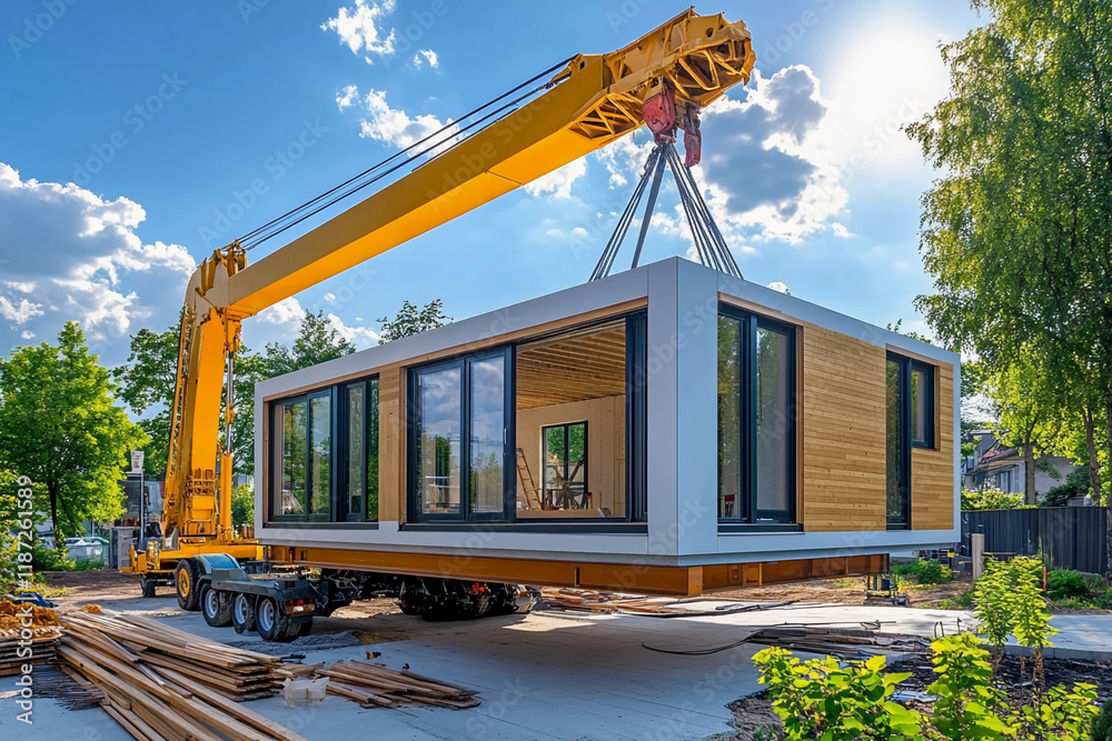 Poster Modular Home, modular home crane, Prefabricated house building ...