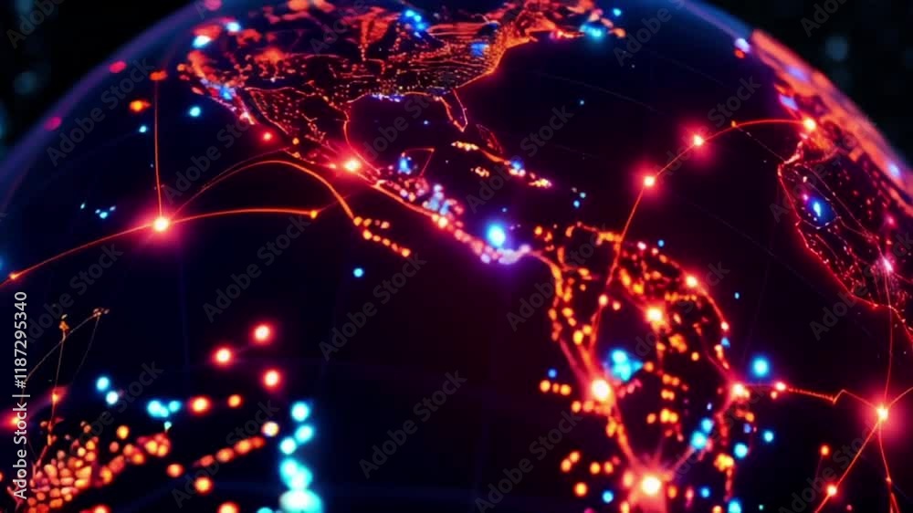 globe with maps of continents with glowing lines denoting state and ...