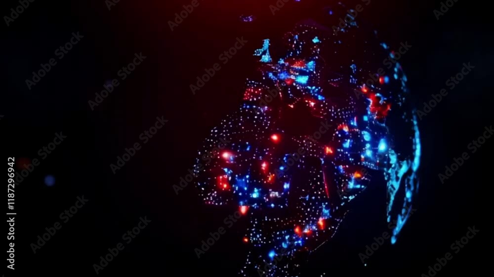 globe with maps of continents with glowing lines denoting state and ...