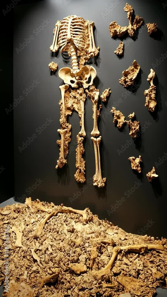 Lifesize skeletal display showcasing human anatomy and ancient fossils ...