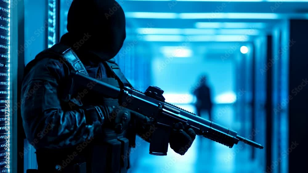 Vidéo Stock SWAT soldier in data center. Special forces in cyber war ...