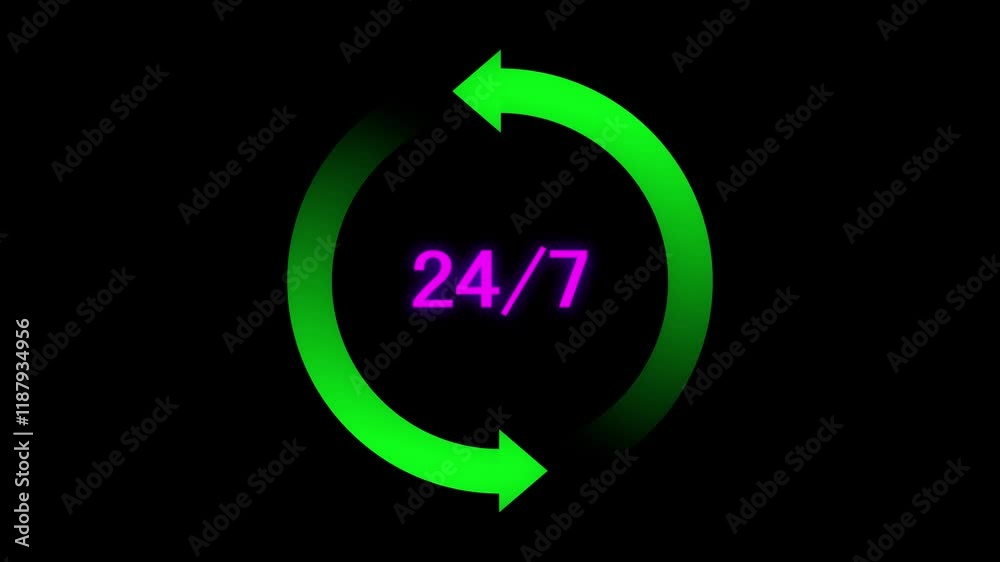 24 by 7 neon animation. Time clock animated icon glow effect. Scaling ...