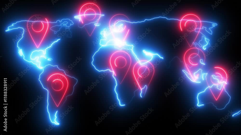 neon world map animation with location pointers. GPS destination ...