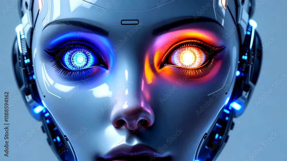 Extreme close-up of a female robot face with glowing blue and orange ...