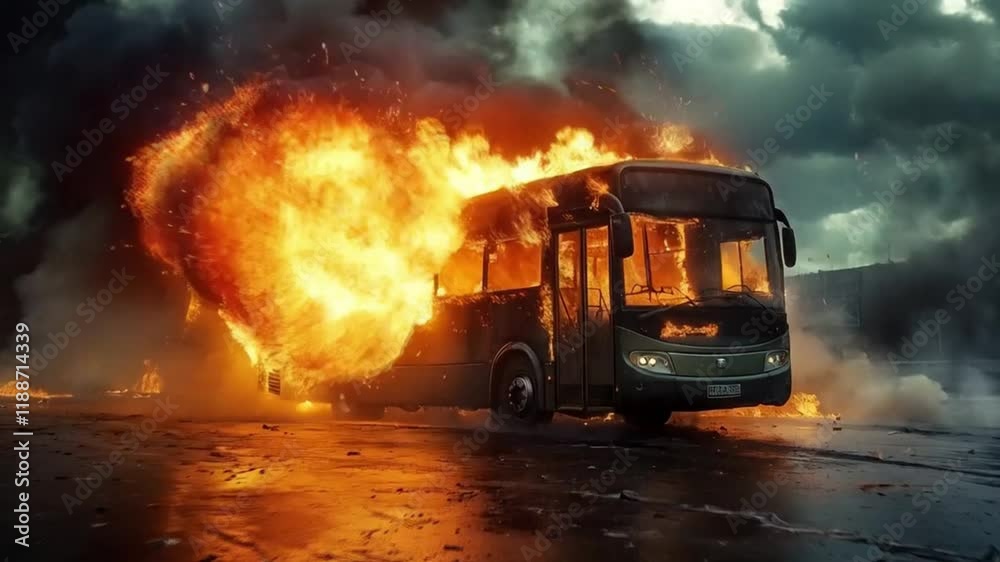 Scene of a bus burning due to an accident, seamless looping motion for ...