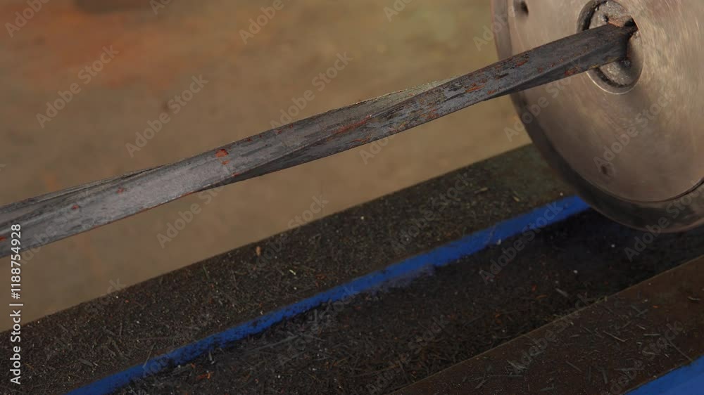 Twisted metal square rod. The rod is placed in a hydraulic torsion ...