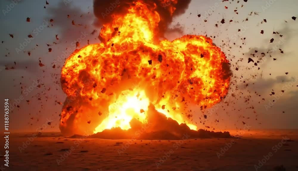 A dynamic camera pull-back reveals the expansive scene of an explosion ...