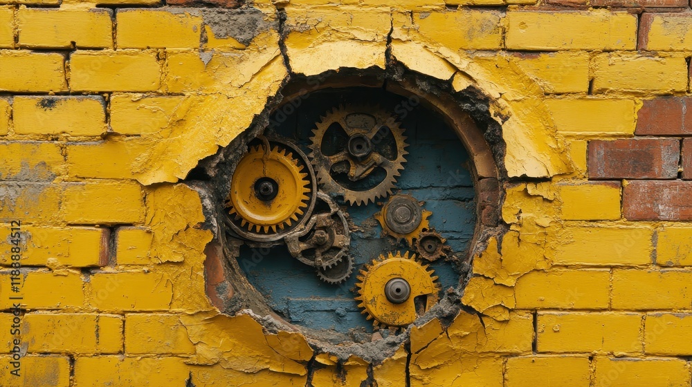 Poster Exposed Gears in Vibrant Yellow Brick Wall Showcasing Urban ...