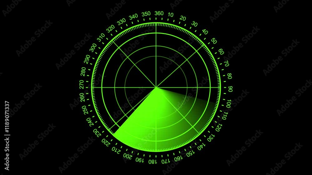 Radar screen animation on black background. Signal transmitted sonar ...