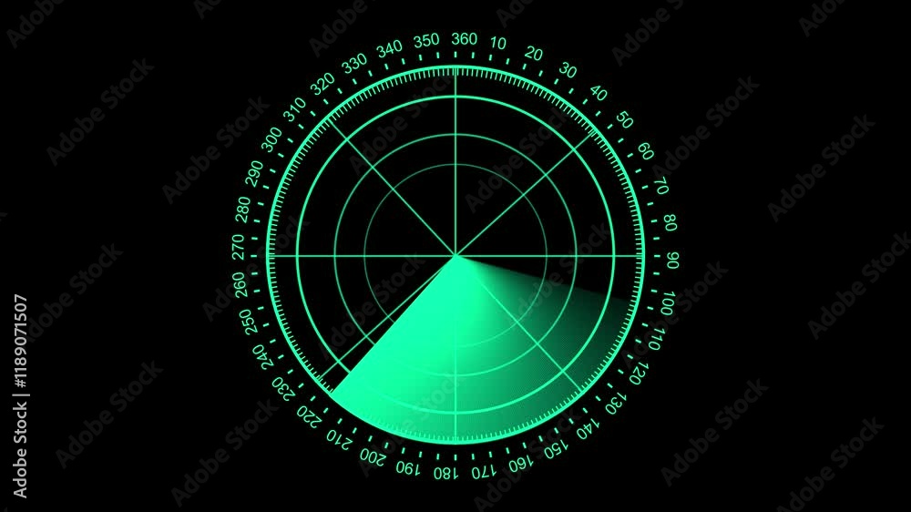 Radar screen animation on black background. Signal transmitted sonar ...