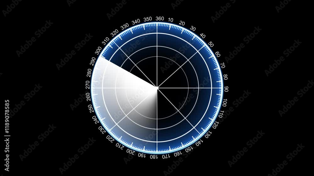 Radar screen animation on black background. Signal transmitted sonar ...
