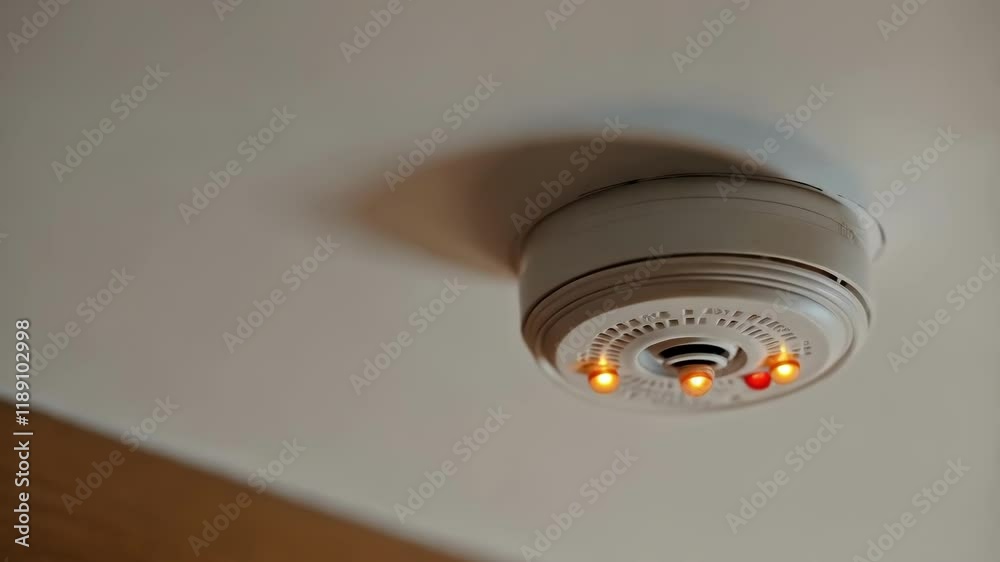 Functional smoke detector attached to a white ceiling, featuring ...