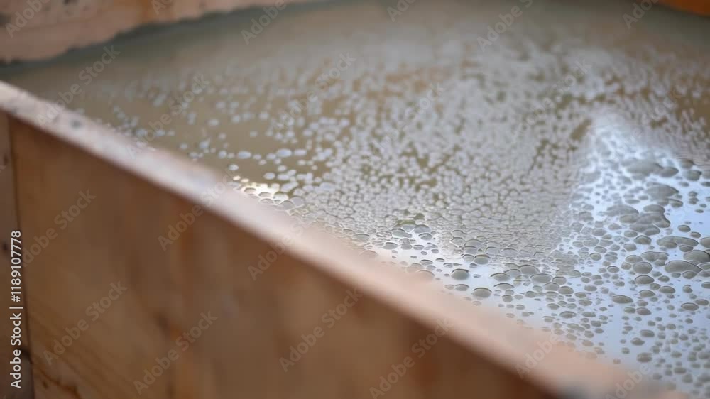 Liquid concrete spreading within wooden formwork, revealing textured ...