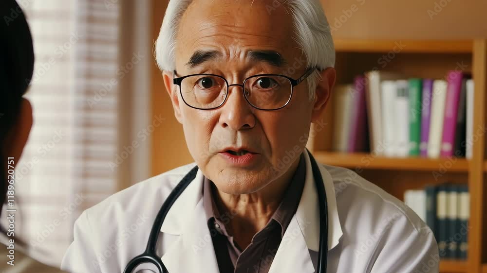 Older Male Asian family medical doctor wearing glasses with a concerned ...