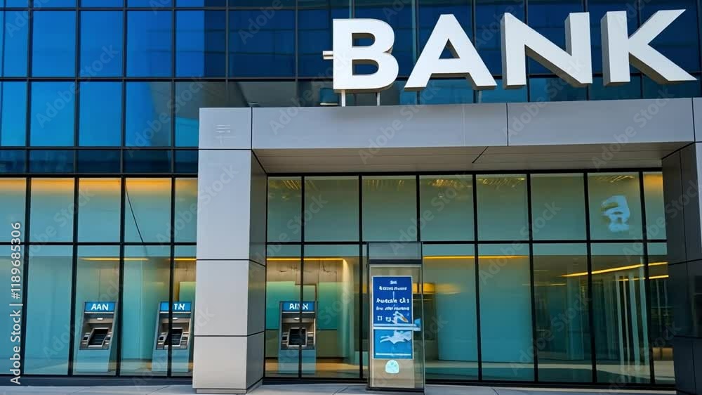 Bank Office Building: Modern bank exterior with glass facade and a ...