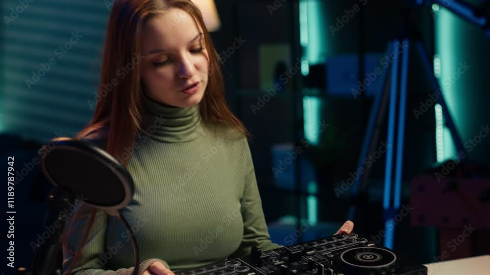 Young artist films DJ mixing tutorial in apartment studio, showing ...