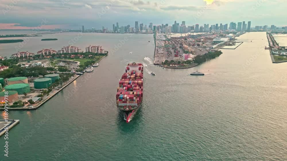 Vídeo do Stock: Cargo ship with container in Miami, drone view. Freight ...