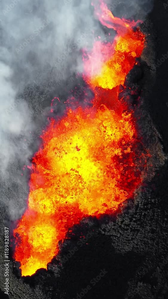 Vertical Screen: Volcano Eruption, Flowing Red Hot Lava Erupts from ...