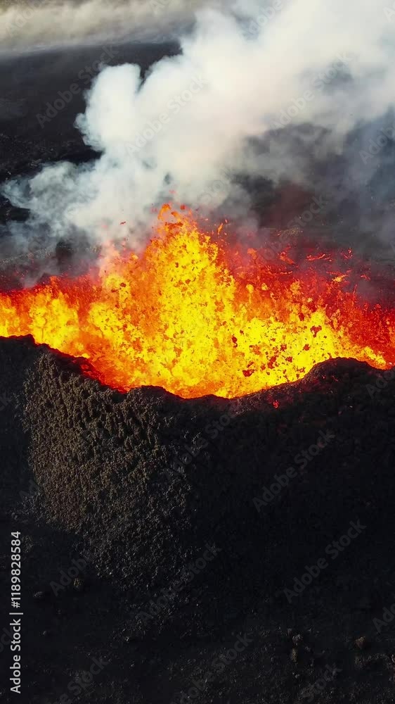 Vertical Screen: Volcano Eruption, Flowing Red Hot Lava Erupts from ...