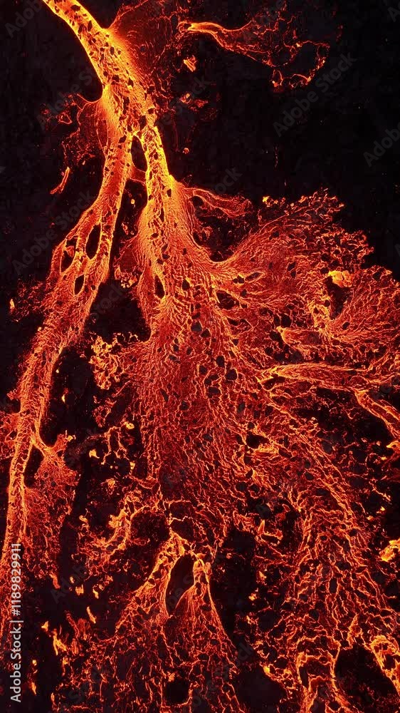 Vertical Screen: Volcano Eruption, Flowing Red Hot Lava Erupts from ...