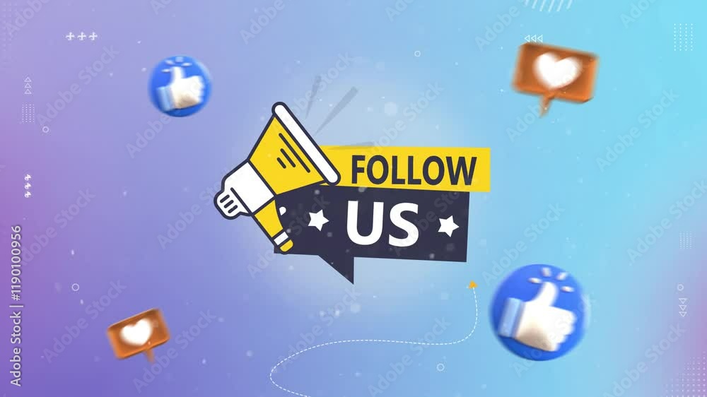 2D animation of Follow us with like and heart icons are floating in the ...