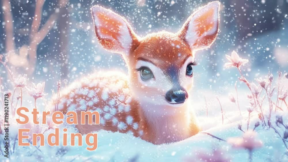 A gentle fawn pauses amidst falling snowflakes in a tranquil forest ...