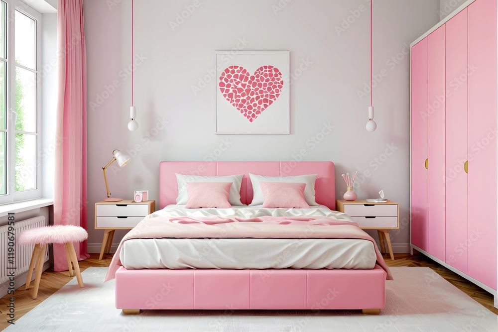 Poster Modern pink bedroom interior with a double bed, carbinet, lamp ...