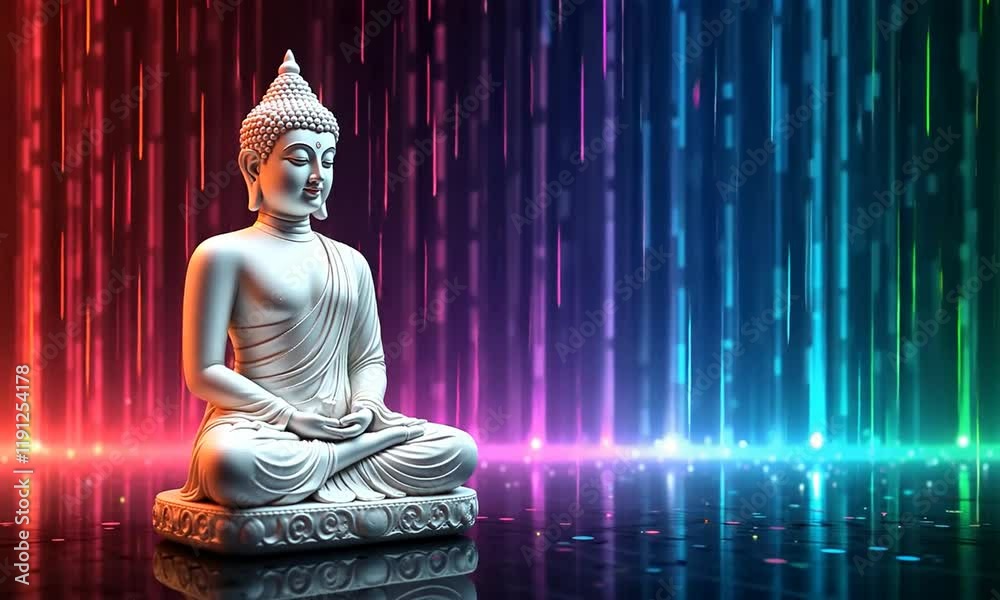 white color buddha in a meditation pose at a black background with a ...