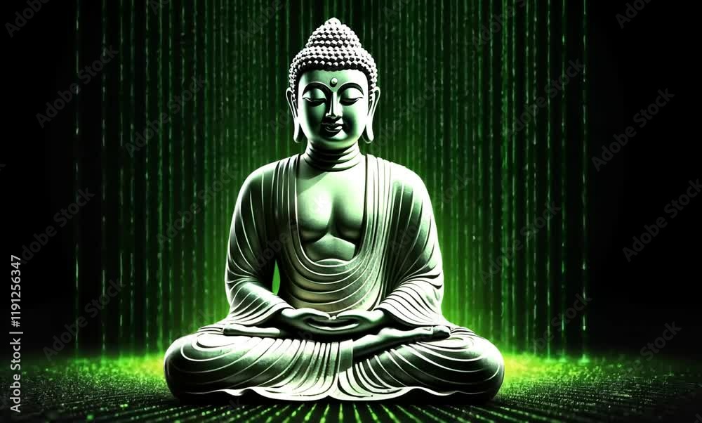 white color buddha in a meditation pose at a black background with a ...