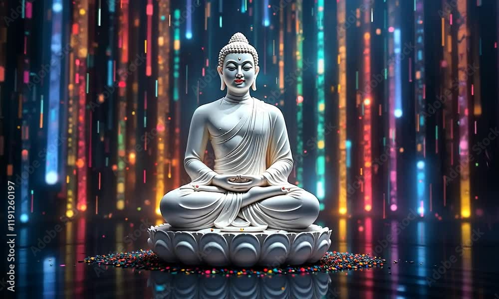 white color buddha in a meditation pose at a black background with a ...