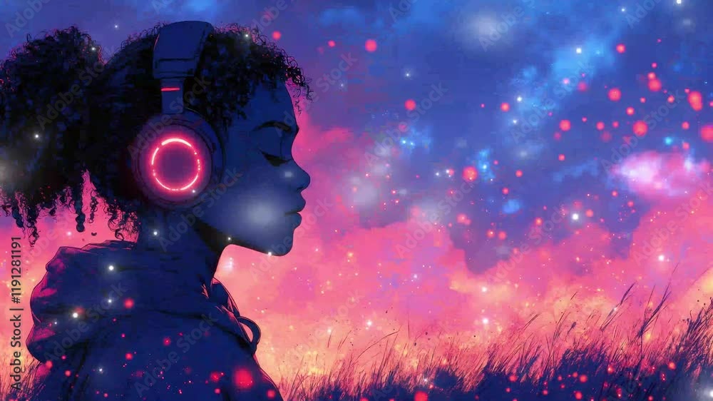 A girl with headphones enjoys peaceful dusk colors. glitch stream ...