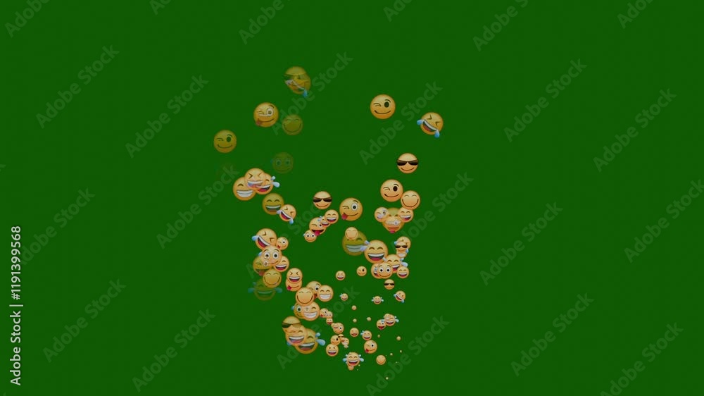Moving social media green chroma key animation of custom reaction emojis and smileys. Happy ...