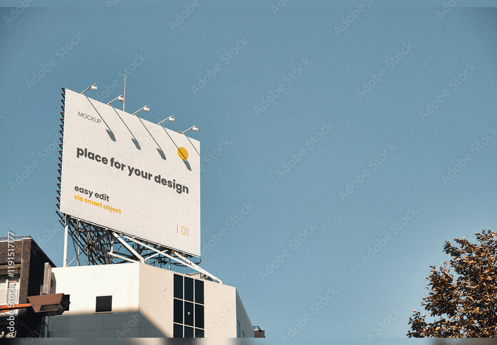 Horizontal Billboard on Top of Building Clean Sky Mockup Stock Template ...