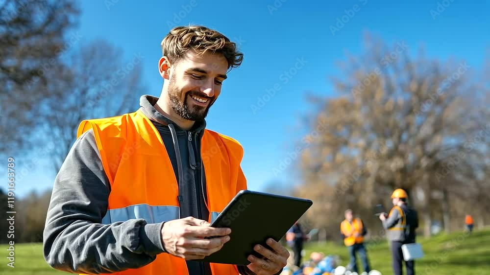 Under a bright blue sky, the coordinator shows a diagram on a tablet to ...