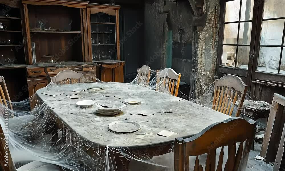 Abandoned Dining Room with Dusty Table and Cobwebs in an Old House ...
