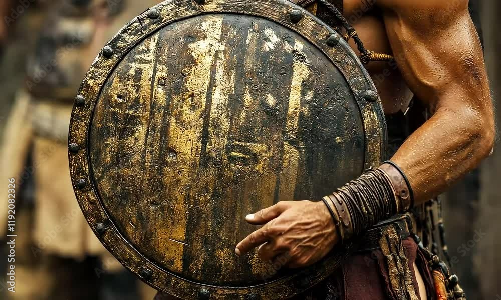 Dramatic Warrior Preparing for Battle with Shield and Sword, Members of ...