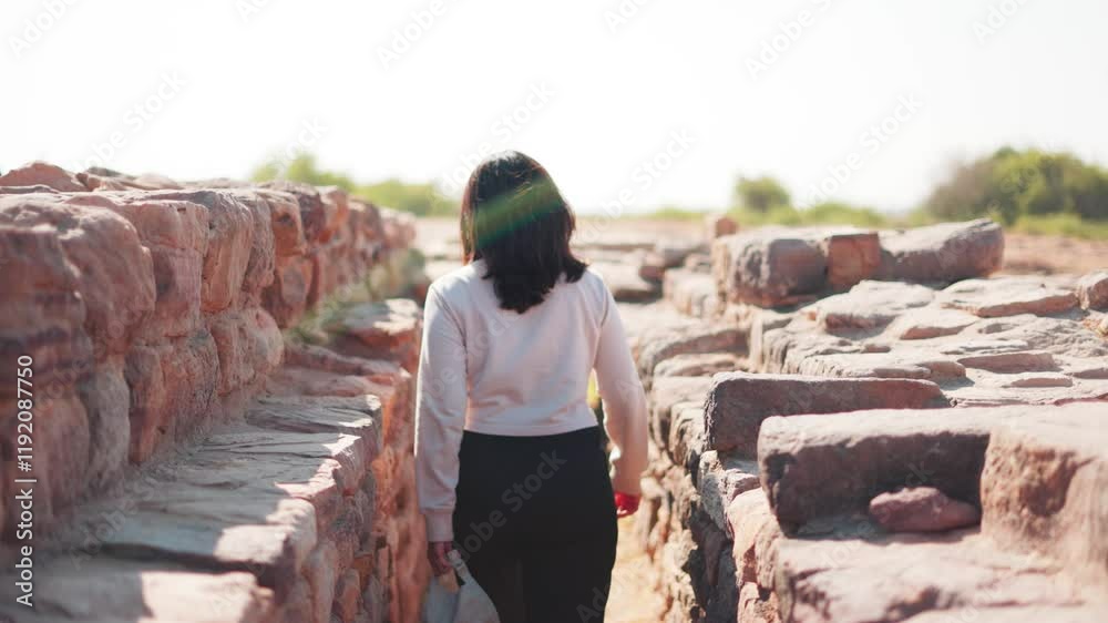 Indian woman exploring ruins of Dholavira Harappan Civilization at Kutch, Gujarat, India. The ...