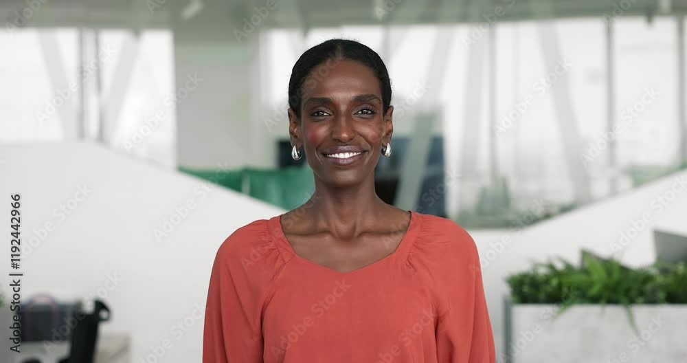 Beautiful African business woman dressed elegantly look at camera ...