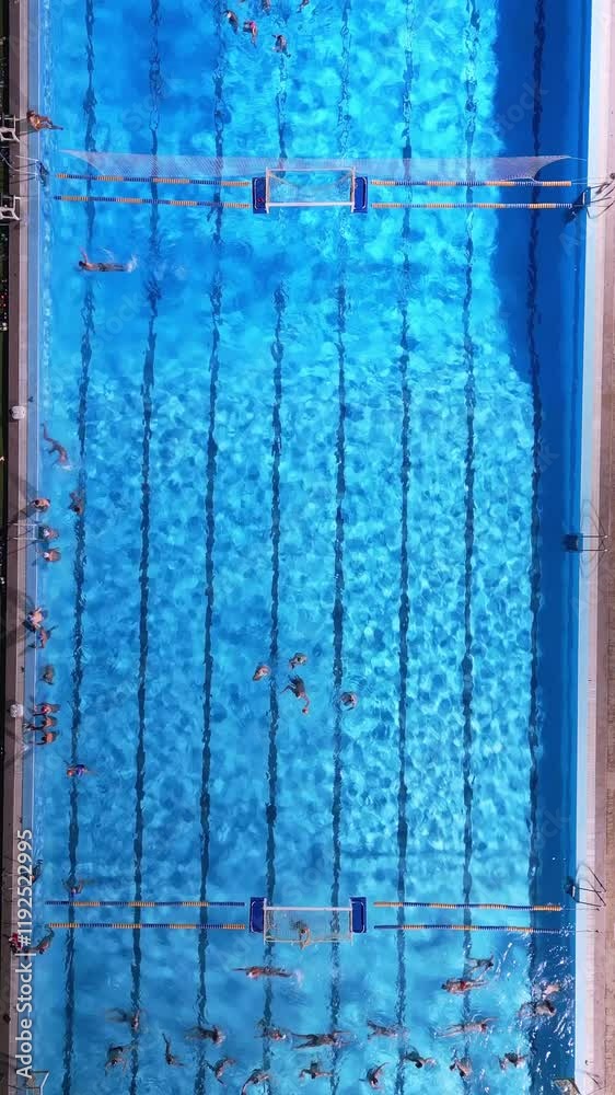 Aerial view of a swimming pool with water polo players and synchronized ...