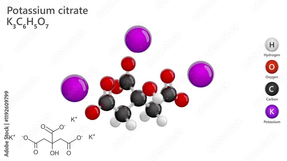 Potassium Citrate. E332. Animated 3D model of a molecule. Molecular ...