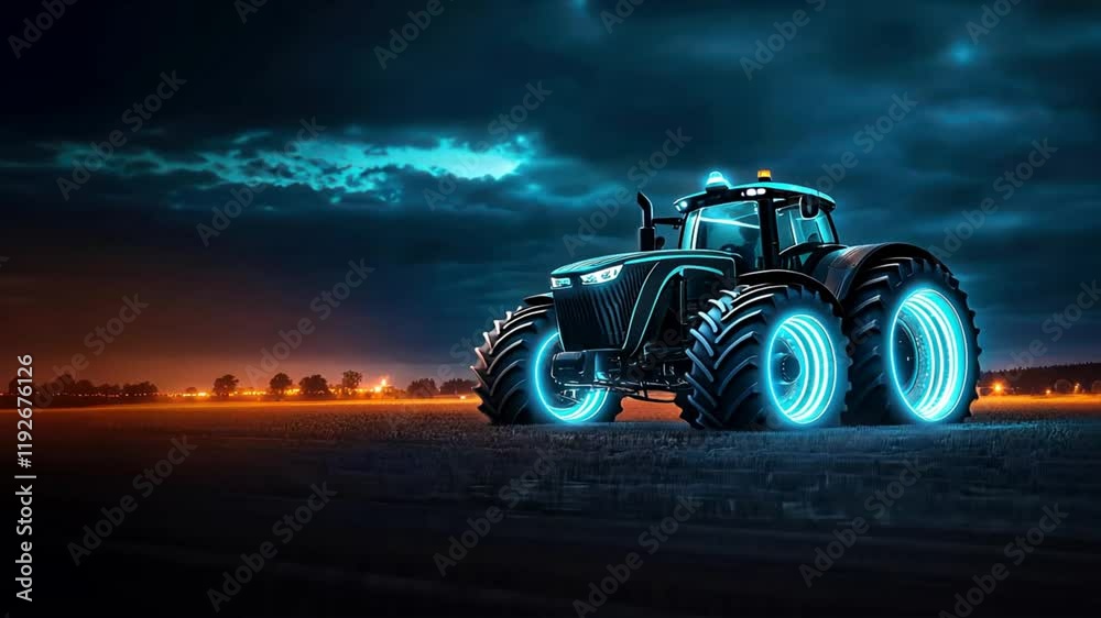 A tractor with LED lights illuminates a field at night, Showcases ...