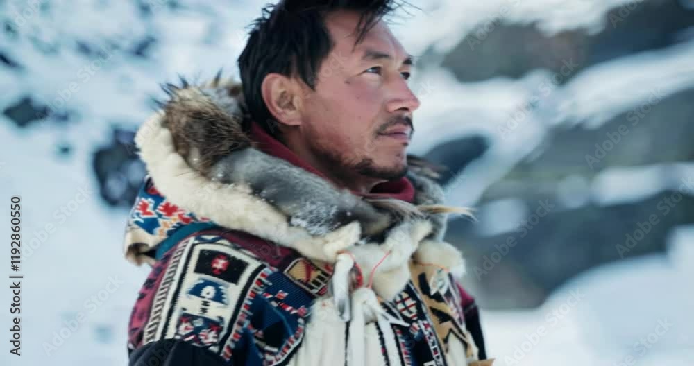 The portrait of a Greenlander dressed in traditional clothing ...