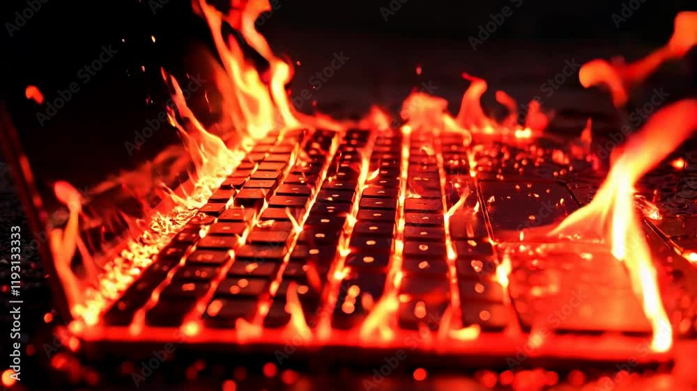 Burning Laptop Keyboard in Fiery Inferno; Intense Flames Consume ...