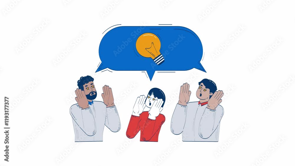 Multicultural team amazed by bright idea hand drawn whiteboard ...