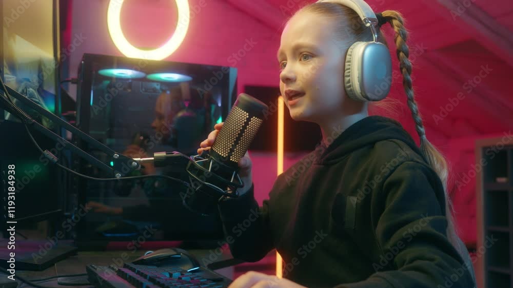 Emotional talking to microphone broadcasting radio mic little girl ...