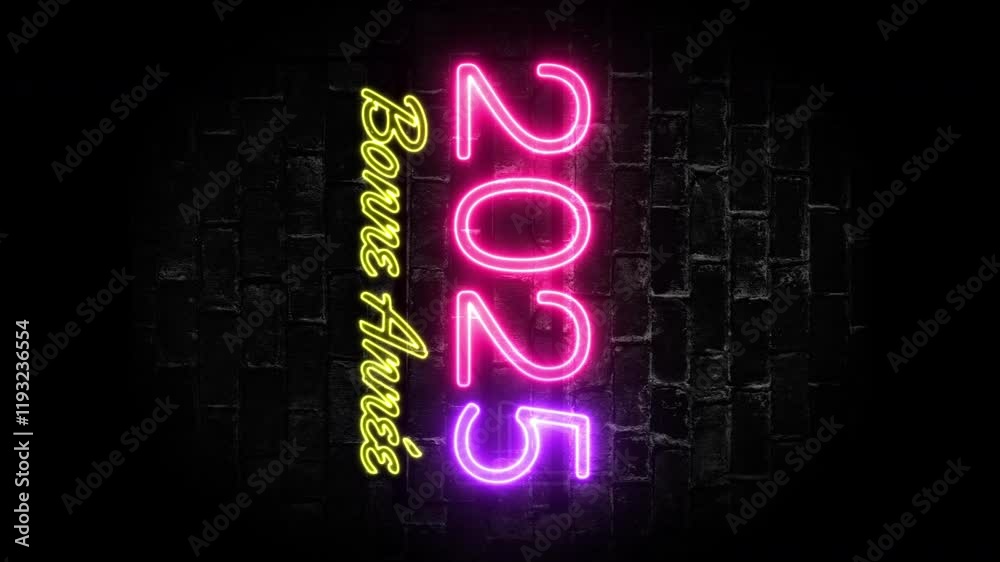 Bonne annee 2025. Happy New Year 2025. French greeting. Neon letters on ...