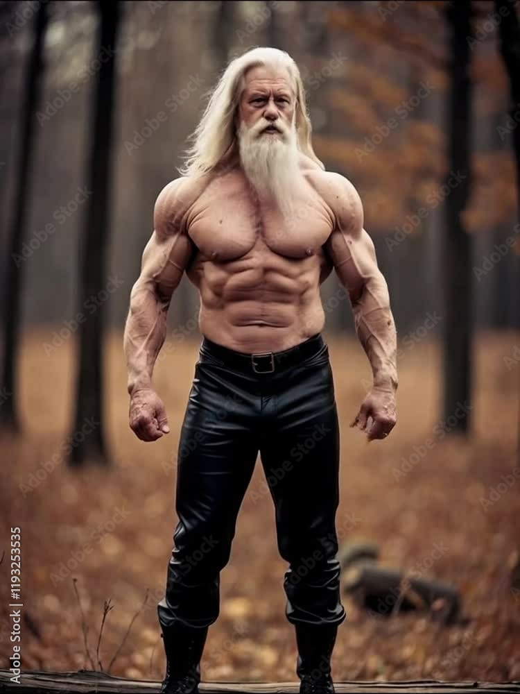 Muscular old man flexing his muscles and six pack abs giving hard ...