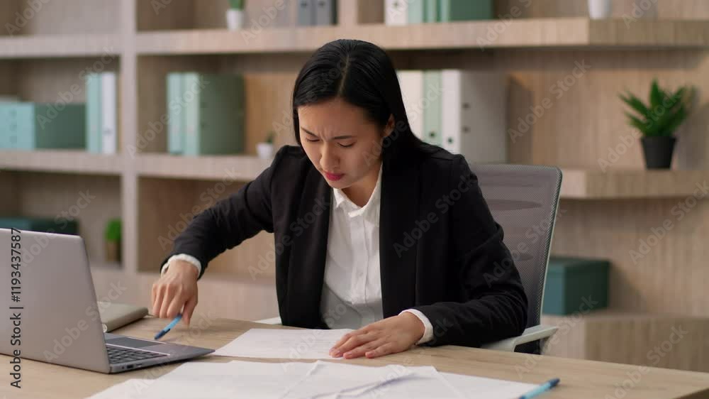 Overworked stressed Asian Japanese girl office worker secretary ...